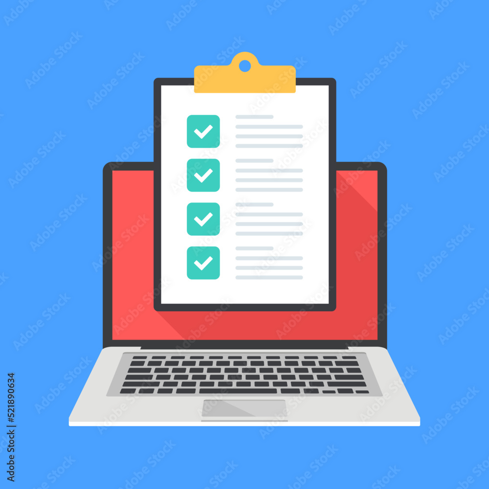Checklist. Clipboard with checklist on laptop screen. Survey, check ...