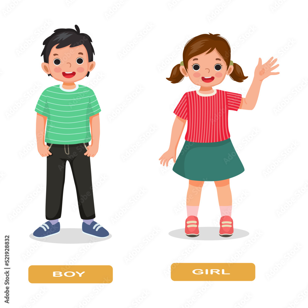 Opposite adjective antonym words boy and girl illustration explanation ...