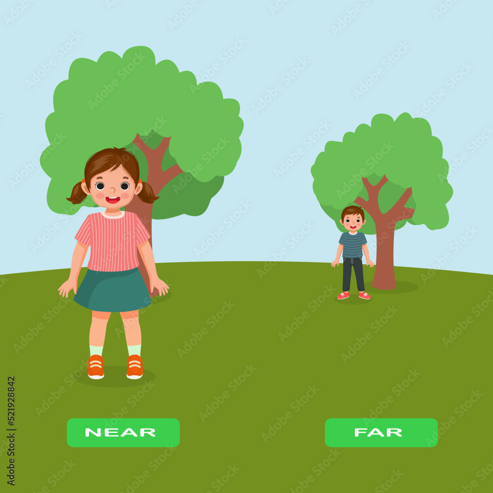 Opposite adjective antonym words near and far illustration of kids ...