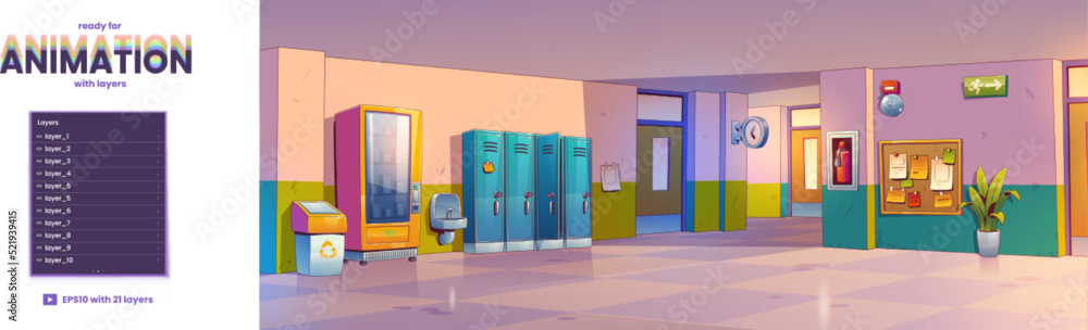 School hallway, corridor interior layers ready for animation. Parallax ...