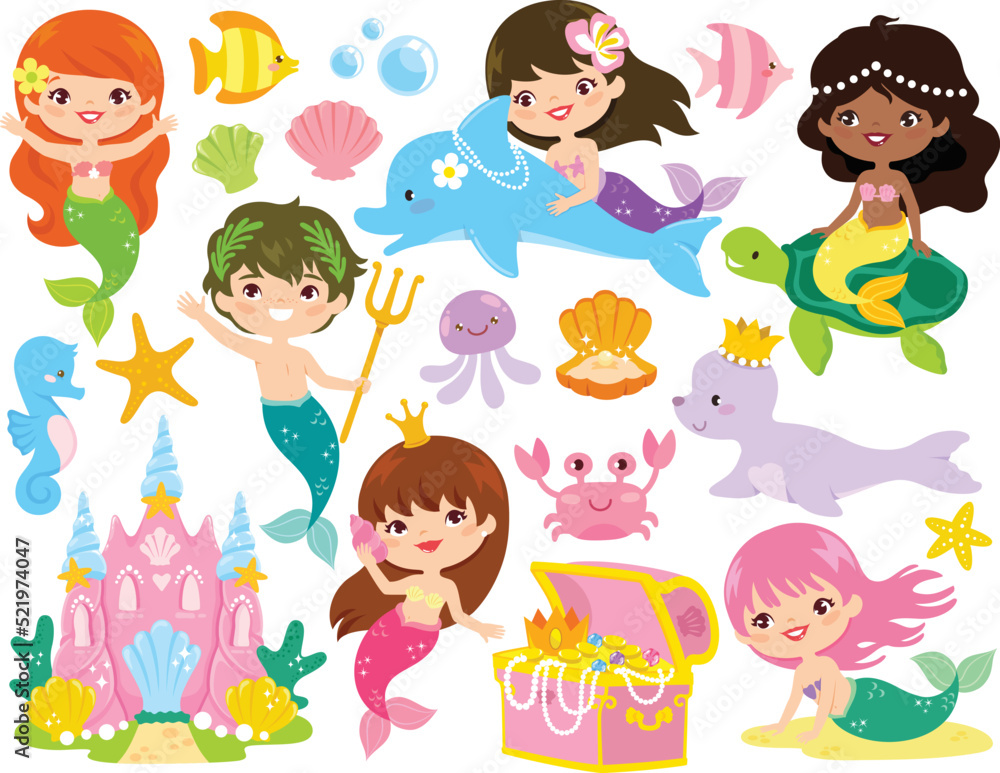 Mermaids world clipart set. Cute mermaids, merman, sea animals, and ...