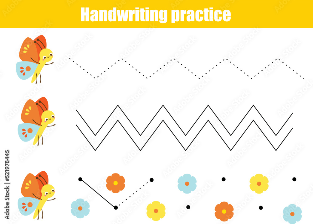Handwriting practice sheet with butterflies. Educational children game ...