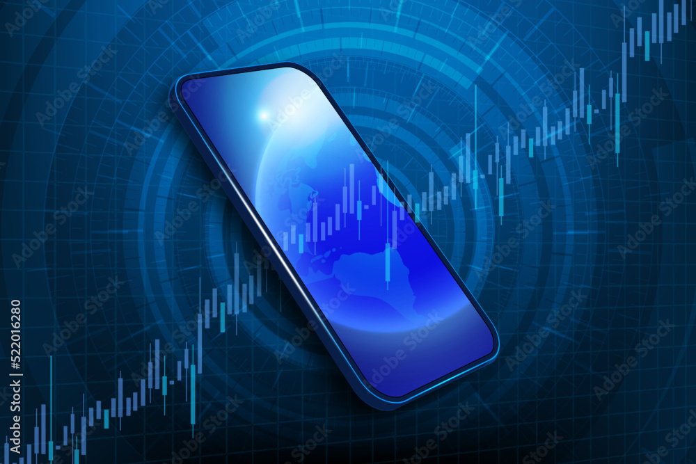 High tech planet earth hologram in smartphone screen with investment financial data vector ...
