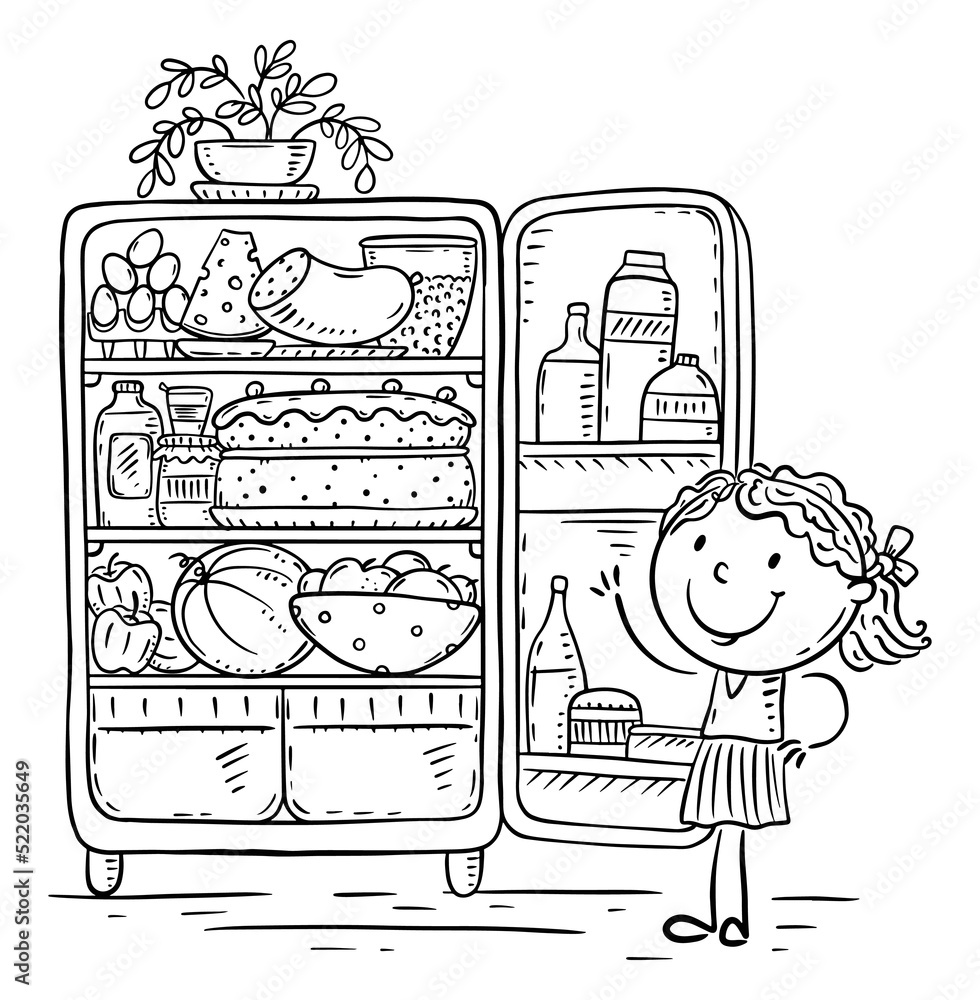 Line drawing of a cartoon kid and fridge with food, healthy eating or ...