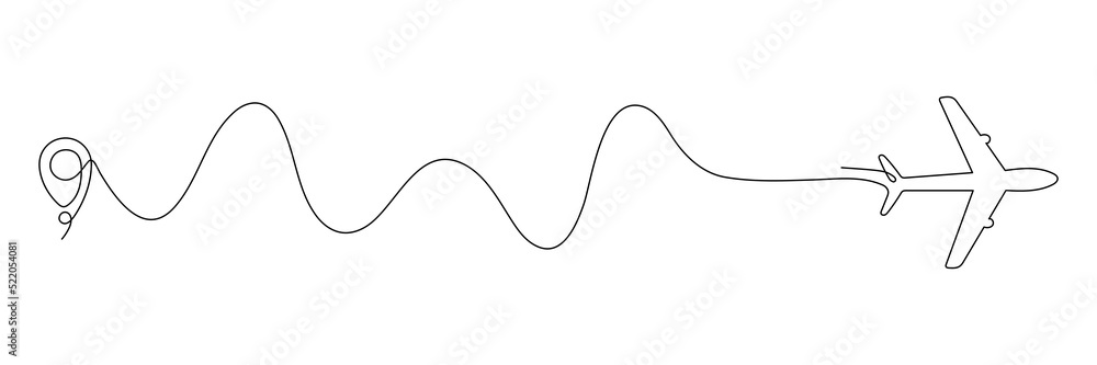 Airplane continuous line drawing with map pin pointer. Airplane flying ...