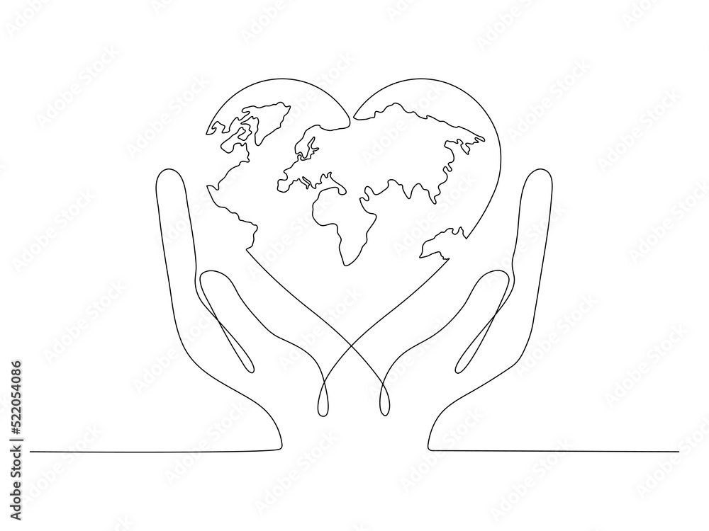 Human hands holding Earth globe continuous line art drawing. Save of ...
