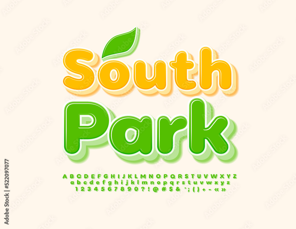 Vector modern logo South Park with decorative Leaf. Bright glossy Font ...