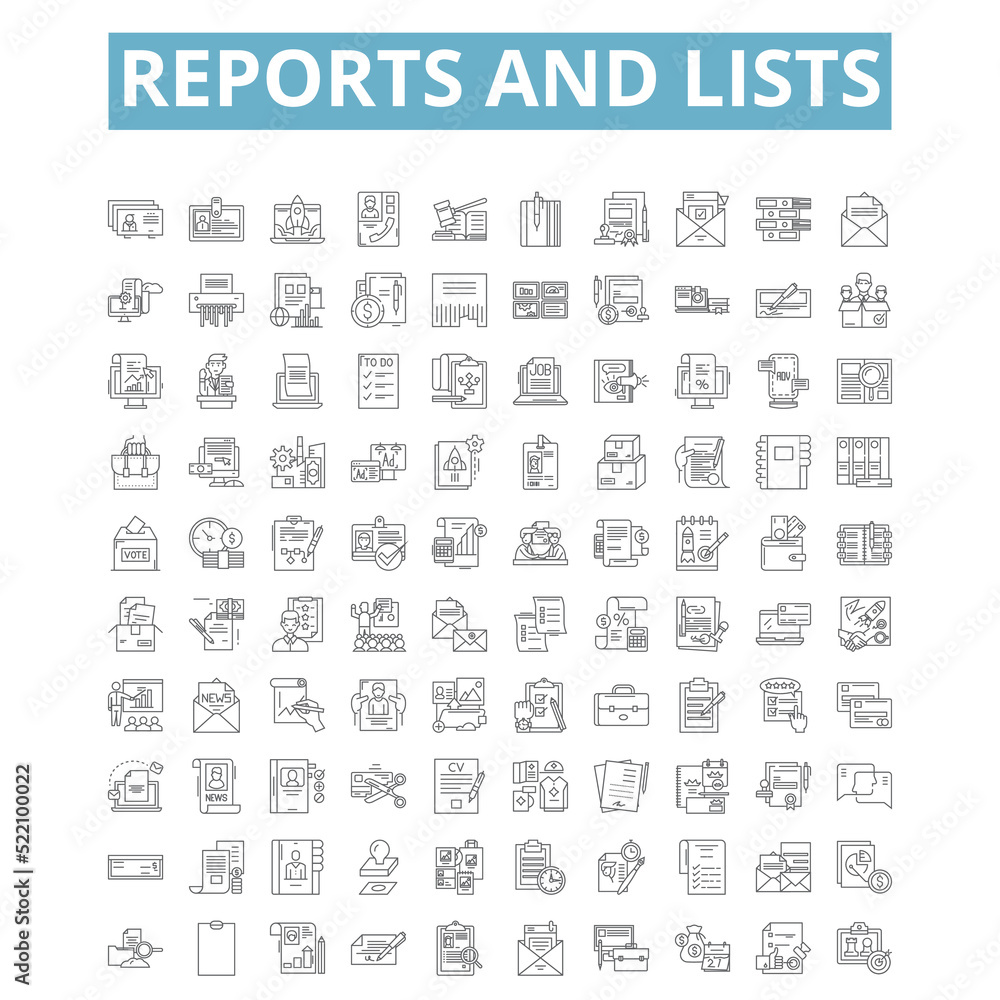 Reports and lists icons, line symbols, web signs, vector set, isolated ...