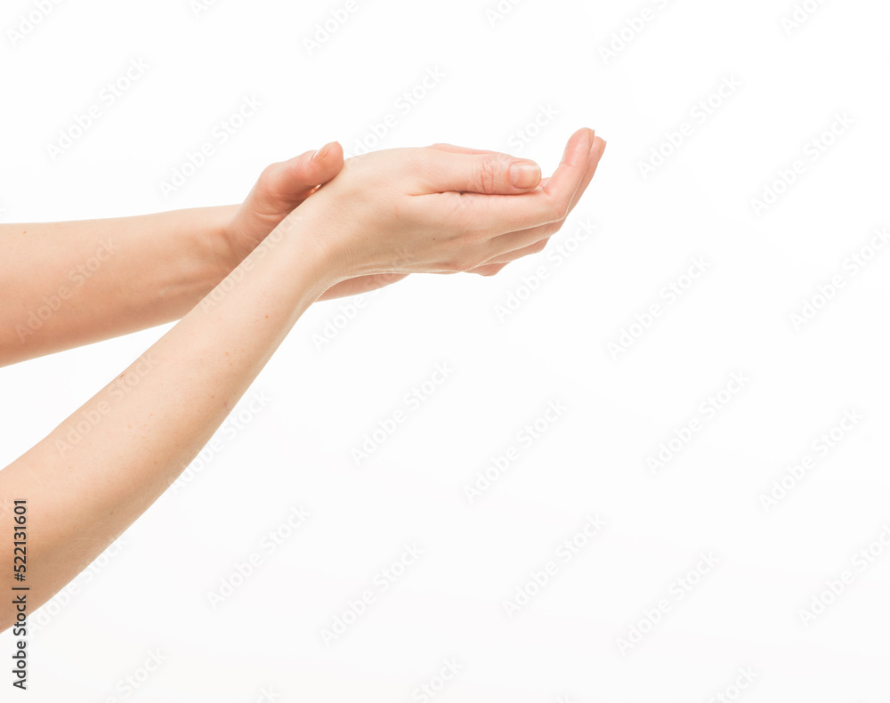 female hands do massage, touch each other, stroke each other on a white ...