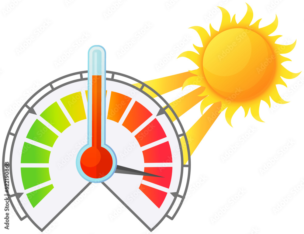 Thermometer with rising temperatures in hot weather. Circular measuring ...