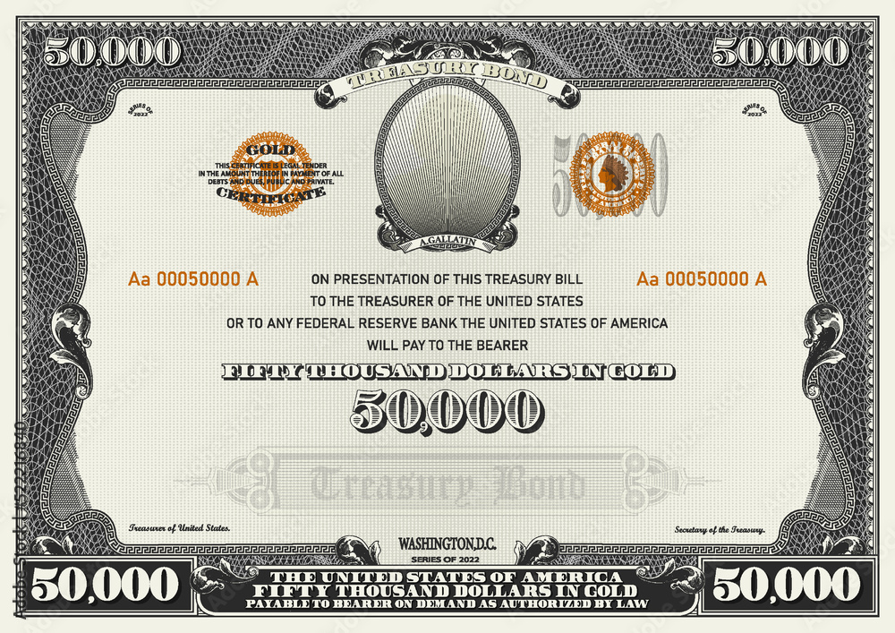 Vector fictitious US 50,000 dollars treasury bond. Gray vintage frame ...