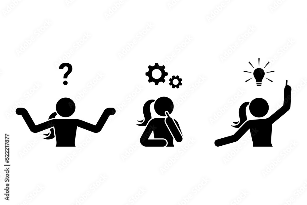 Stick figure woman problem solution reasoning vector illustration. Task ...