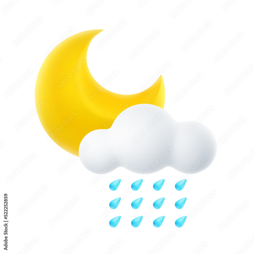3D Cartoon Weather Icon of Night Downpour. Sign of Cloud, Crescent Moon ...