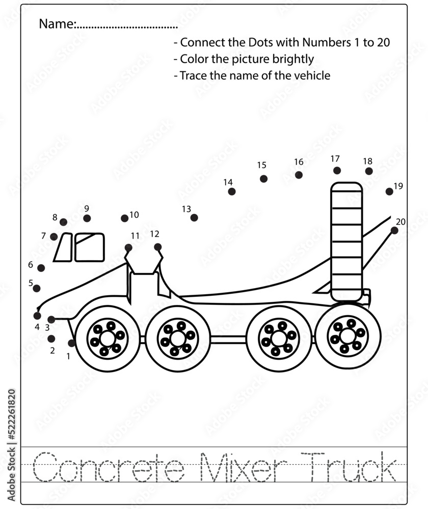 Dot to dot kids puzzle worksheet cartoon drawing construction vehicle ...