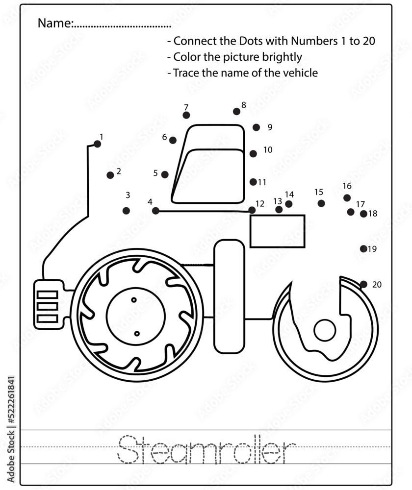 Dot to dot kids puzzle worksheet cartoon drawing construction vehicle ...