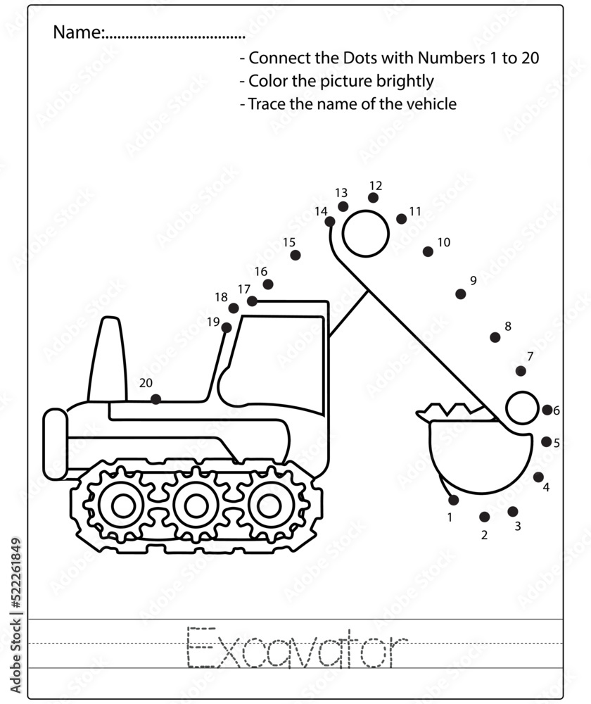 Dot to dot kids puzzle worksheet cartoon drawing construction vehicle ...