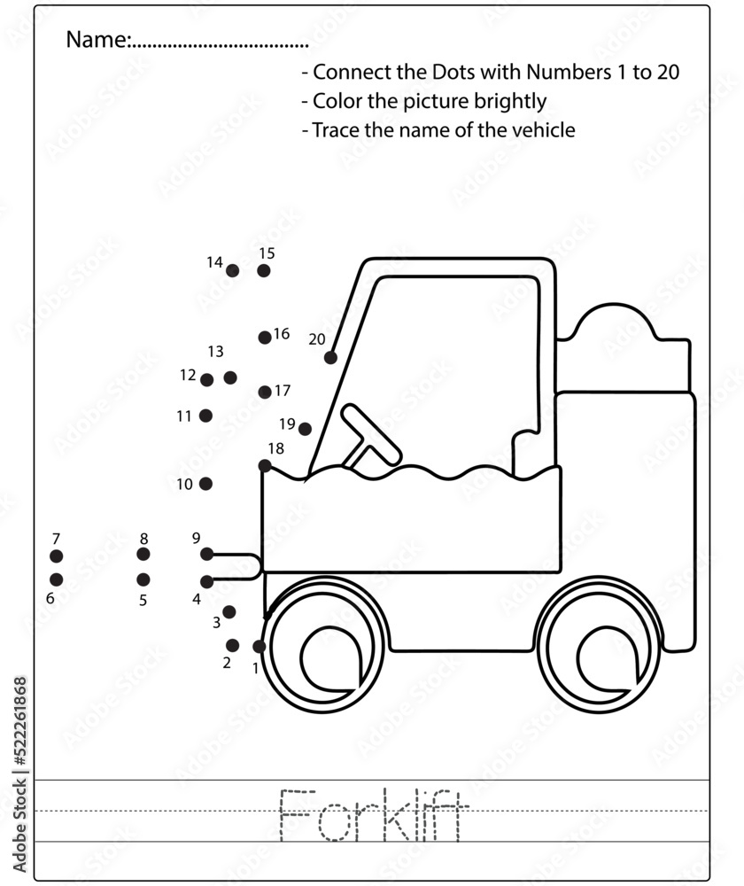 Dot to dot kids puzzle worksheet cartoon drawing construction vehicle ...