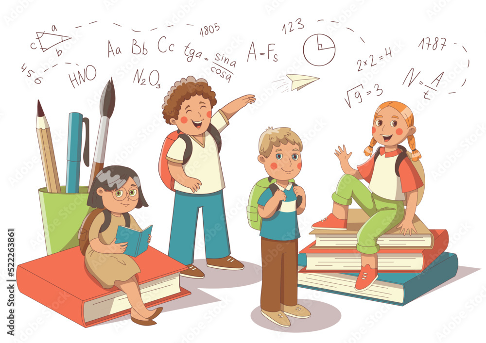 Schoolchildren are preparing for school. School pupils in cartoon style ...