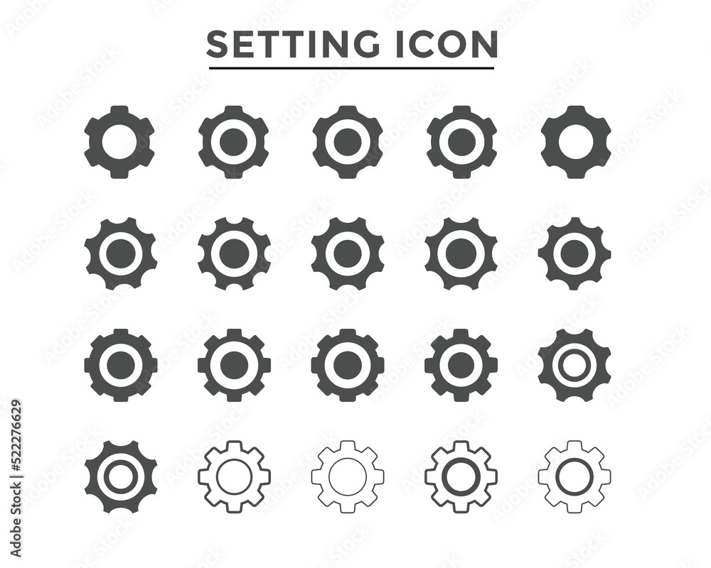 Setting icon pack for apps or web interface. Set of setting, Gear, Cog icon vector. Sign flat ...