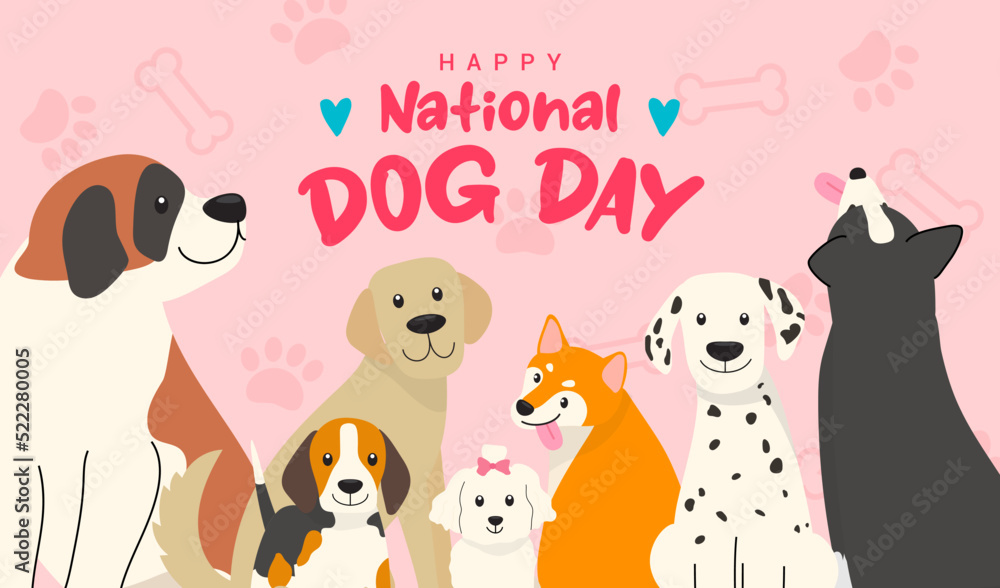 Happy national Dog day greeting card vector design. Cute cartoon dogs ...