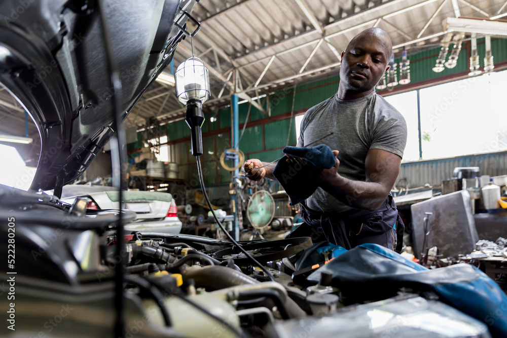 Car mechanic checking oil quality the engine motor car Transmission and ...