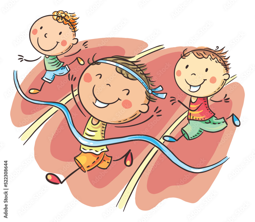 Cartoon boy winning the children running sport competition. Kids ...