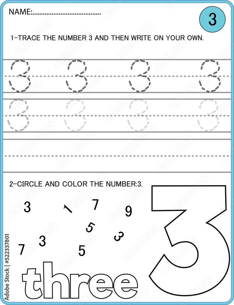 Tracing numbers activity. Trace the number 3 Educational children game ...