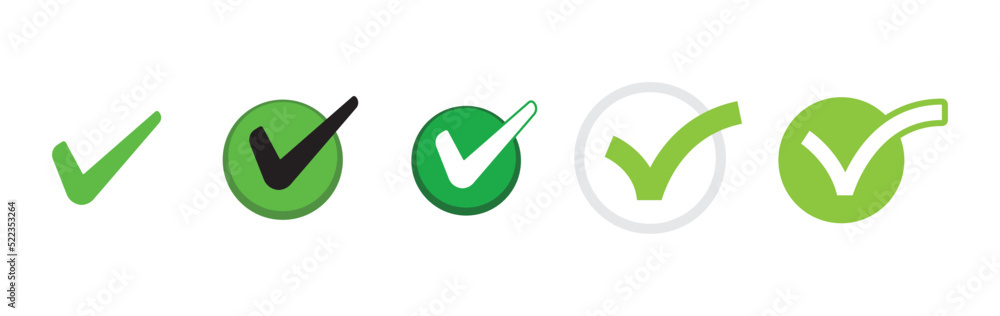 Check mark icons. Green checklist tick symbol. Approved and positive ...