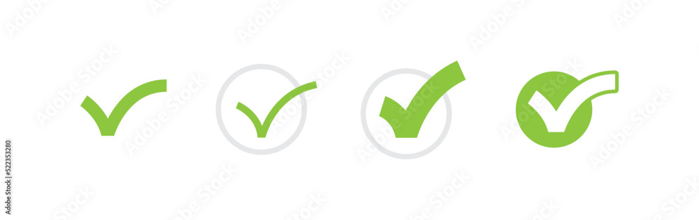 Check mark icons. Green checklist tick symbol. Approved and positive ...