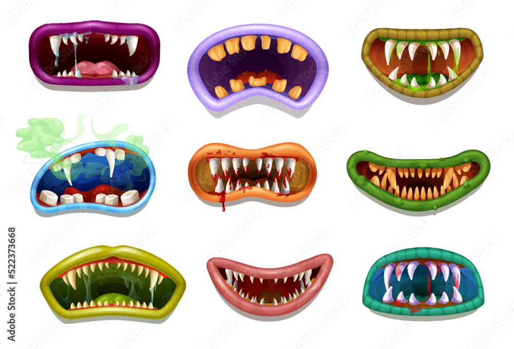Scary and creepy drool monster grin jaws and mouths. Vector smiles ...