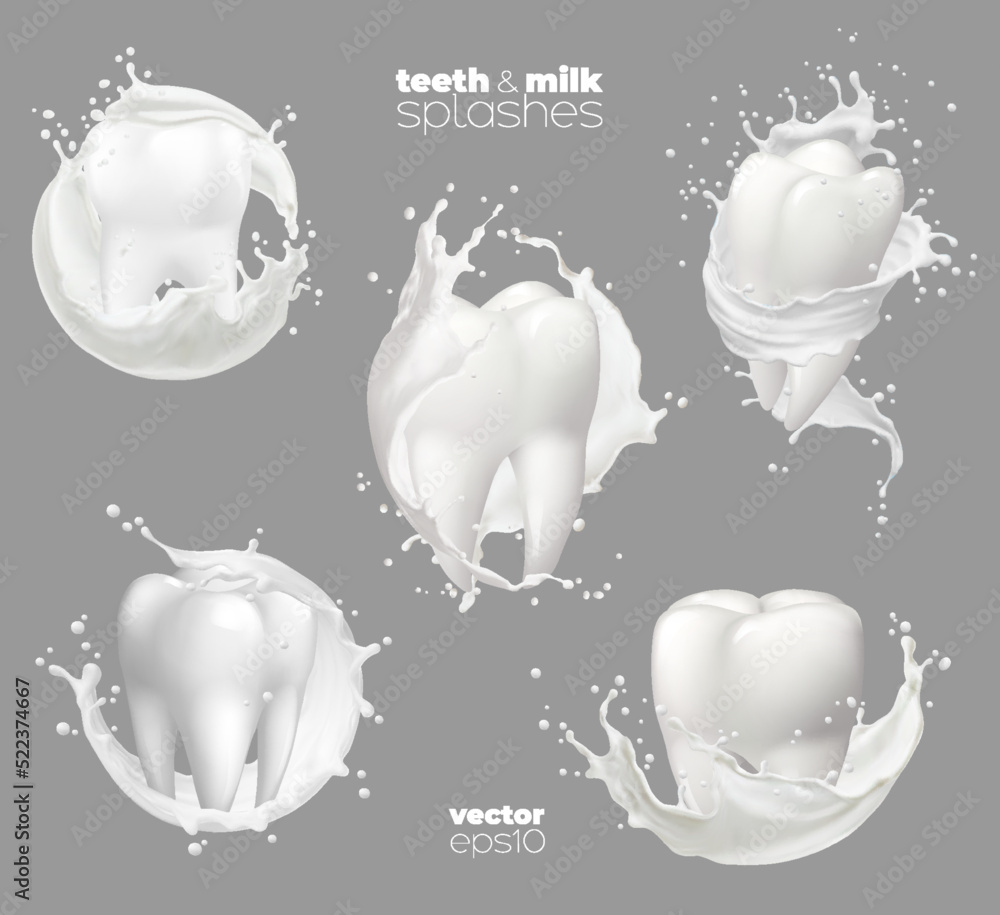 Milk, yogurt or cream splash with tooth. Calcium nutrition. Teeth ...