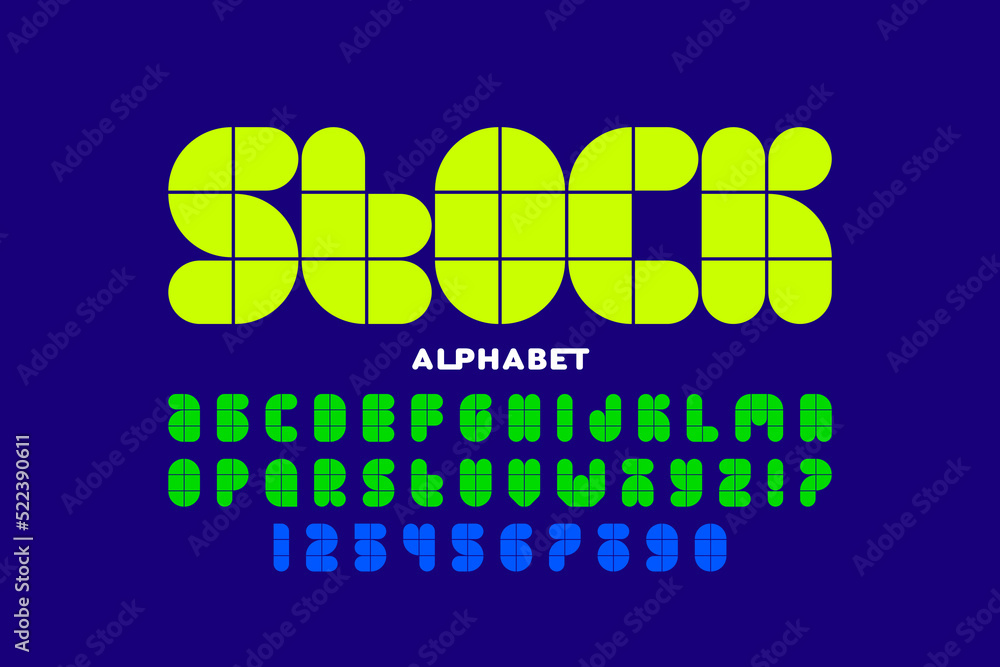 Modular style font, alphabet letters and numbers vector illustration ...