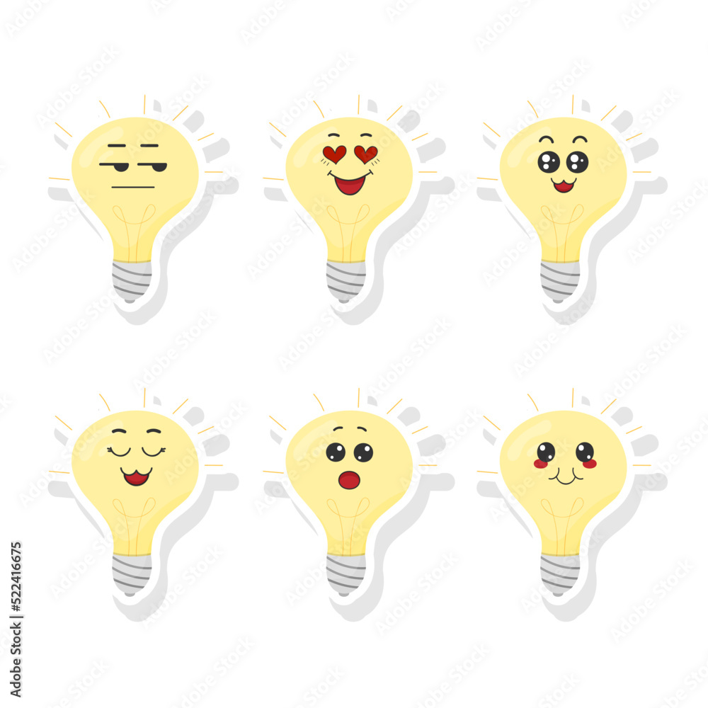 Vector set of funny light bulb stickers with kawaii emotions. Kawaii ...