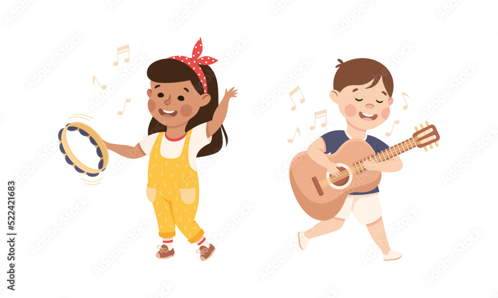 Set of adorable kids playing musical instruments. Cute children playing ...