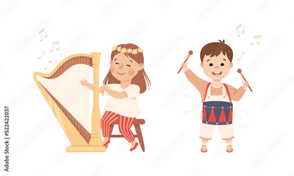 Set of adorable kids playing musical instruments. Cute children playing ...