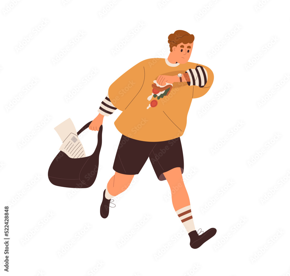 Employee running, late for work, eating fast food on the go. Person ...