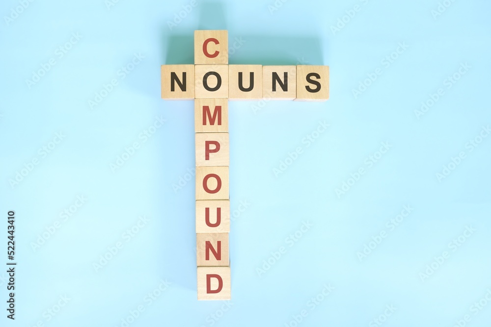 Compound nouns concept in English grammar noun education. Wooden block ...
