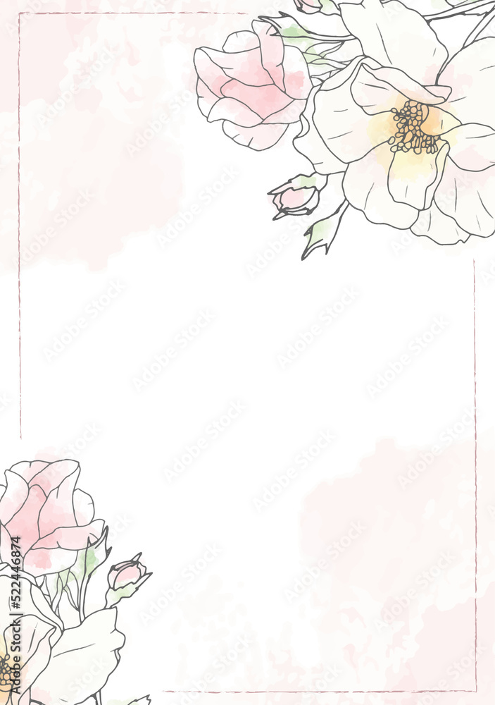 pink loose watercolor line art rose flower bouquet frame 5x7 invitation ...