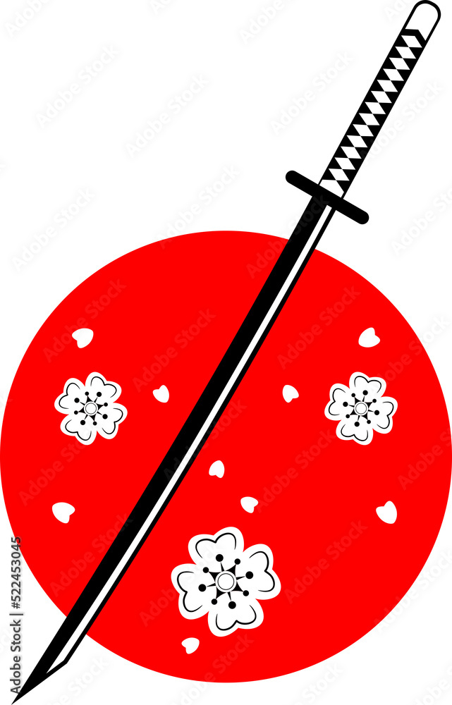 Katana sword samurai with sakura flowers on red circle japanese style tattoo flat png icon ...