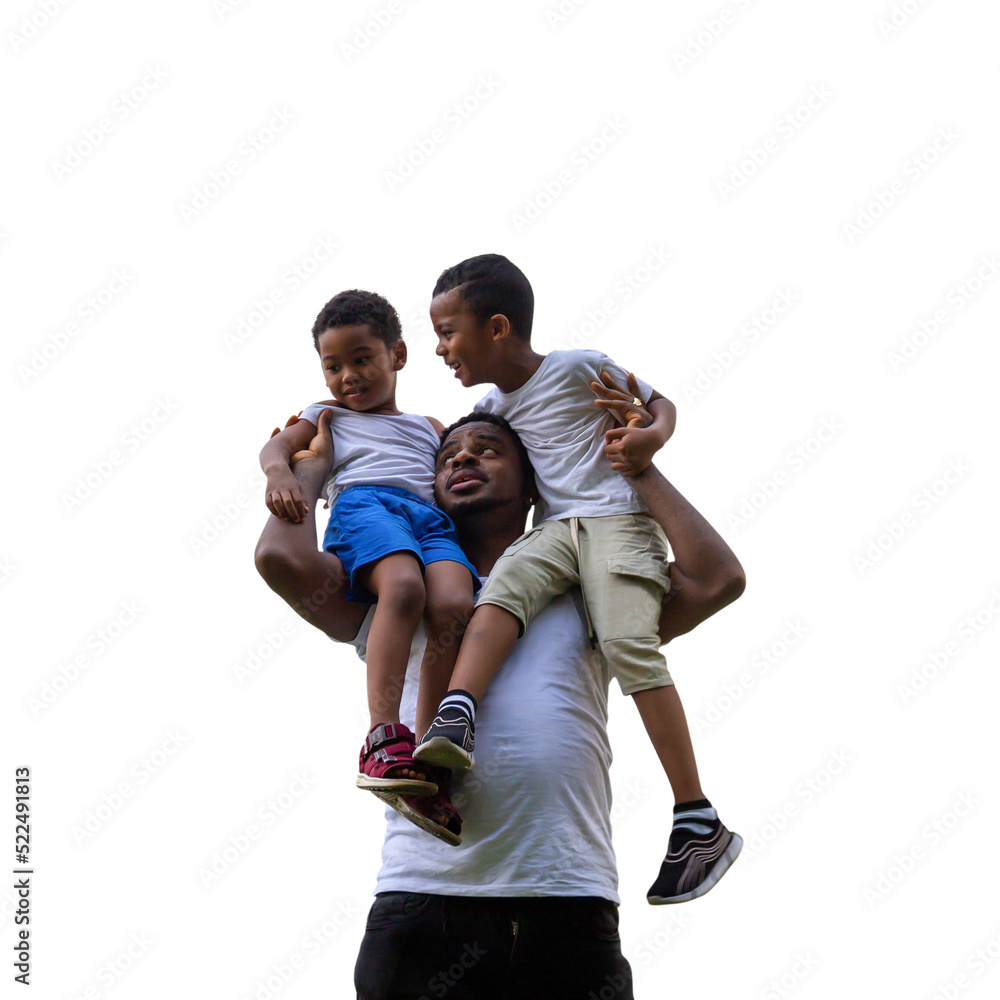 Father carrying two sons on shoulders, African American kids on the ...