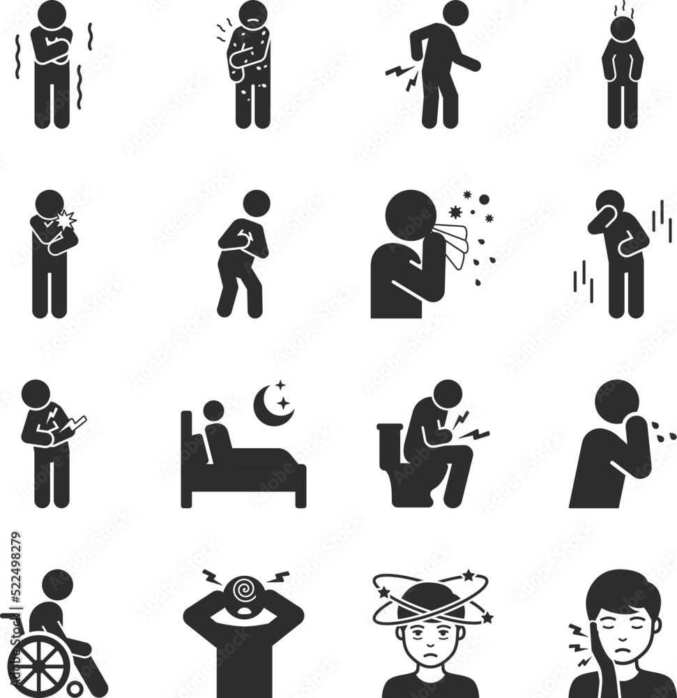 Disease, symptom icons set. Health conditions, human diseases and ...