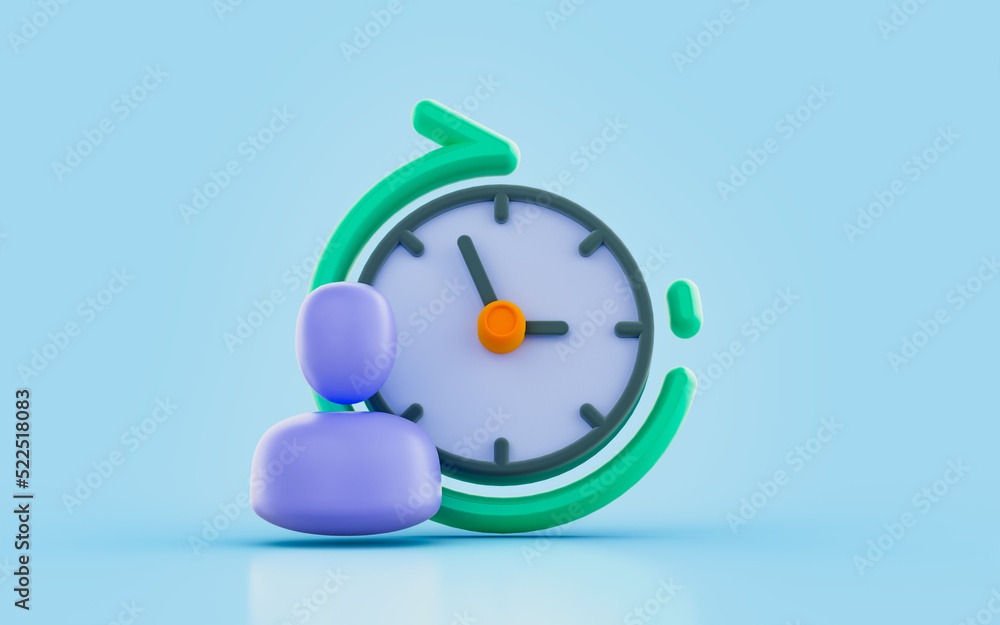 user with clock rotation arrow sign 3d render concept for human life ...