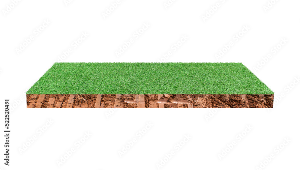 Soil cubic cross section with green grass field on transparent ...