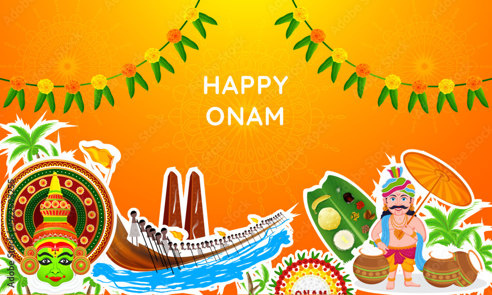 ppy Onam indian festival concept banner, poster design with Kathakali ...