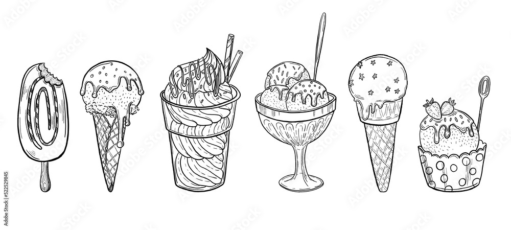 Hand drawn illustrations set of ice creams. Hand drawn sketch. Ice ...