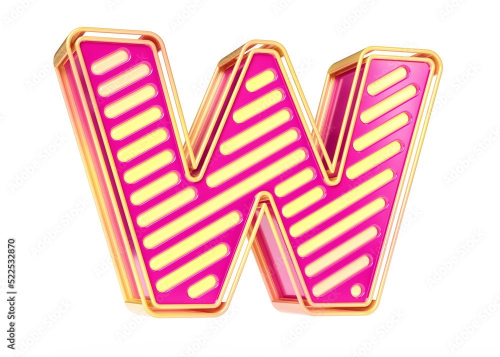 Neon stripes font letter W in golden yellow and pink color scheme ...