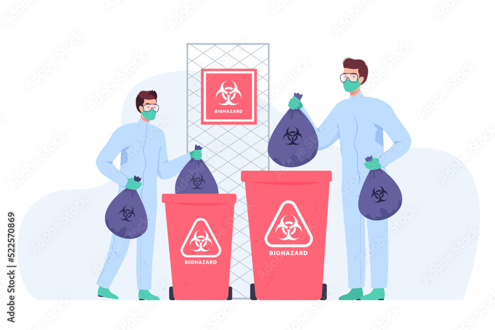 Workers in uniform throwing away biohazard garbage bags. Team of ...