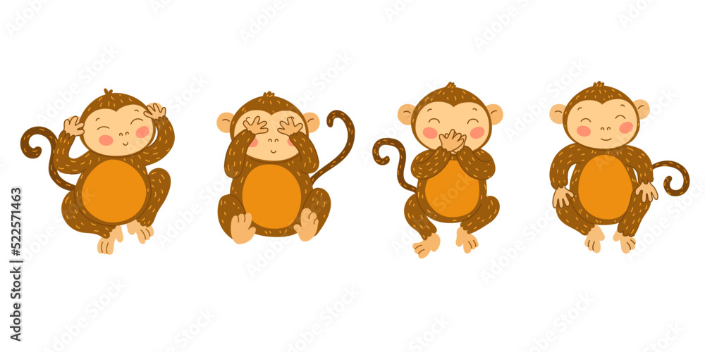 Wise monkeys. Cute ape with hands covering mouth, eyes and ears. Blind ...