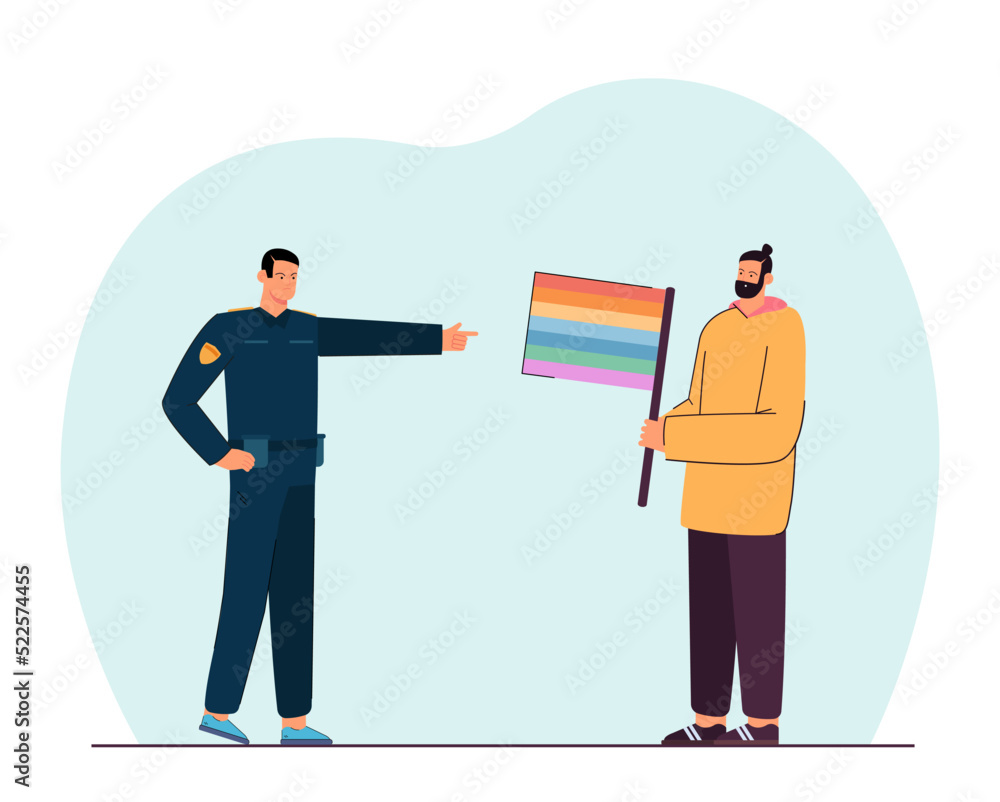 Police officer arresting man with LGBT flag. Man standing for rights of ...