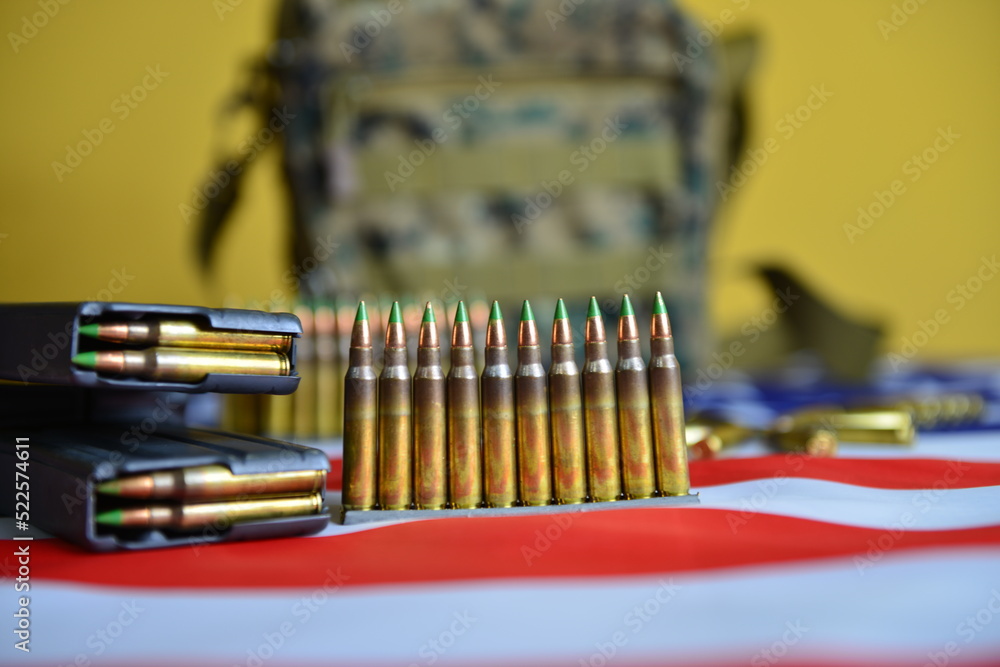 A closeup of 5.56 mm caliber rounds and camouflage ammunition carrying ...
